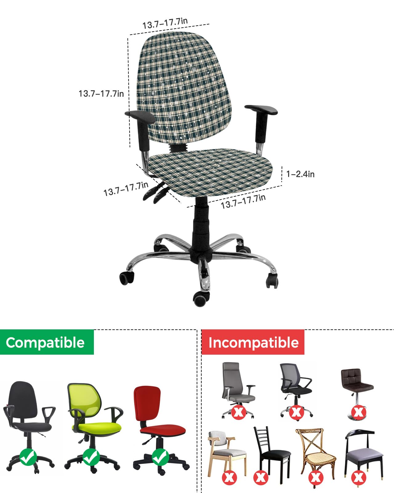 Christmas Snowflake Office Chair Cover Stretchable Computer Chair Seat Cover Backrest Slipcovers, Stretchable Rotating Desk Chair Seat Cushion Split Protectors Farmhouse Buffalo Plaid Blackish Green