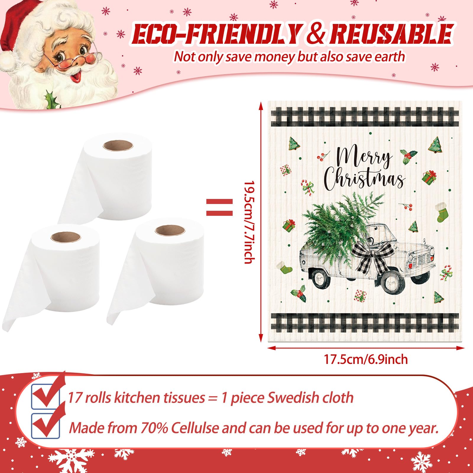 6 Pieces Christmas Swedish Kitchen Table Dishcloths Reusable Christmas Dish Towels Absorbent Cleaning Cloth Fast Dry Kitchen Dishcloth with Santa, Snowman, Christmas Tree, Deer (Black White, Tree)