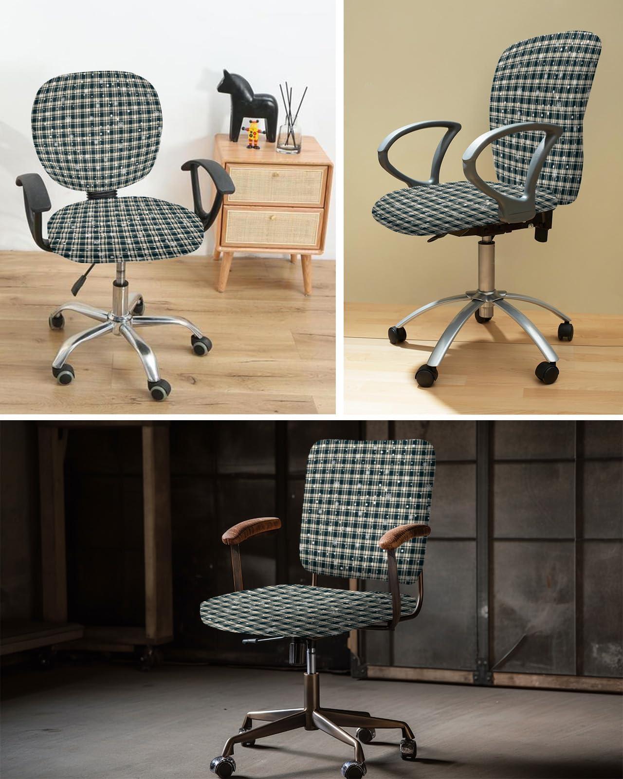 Christmas Snowflake Office Chair Cover Stretchable Computer Chair Seat Cover Backrest Slipcovers, Stretchable Rotating Desk Chair Seat Cushion Split Protectors Farmhouse Buffalo Plaid Blackish Green