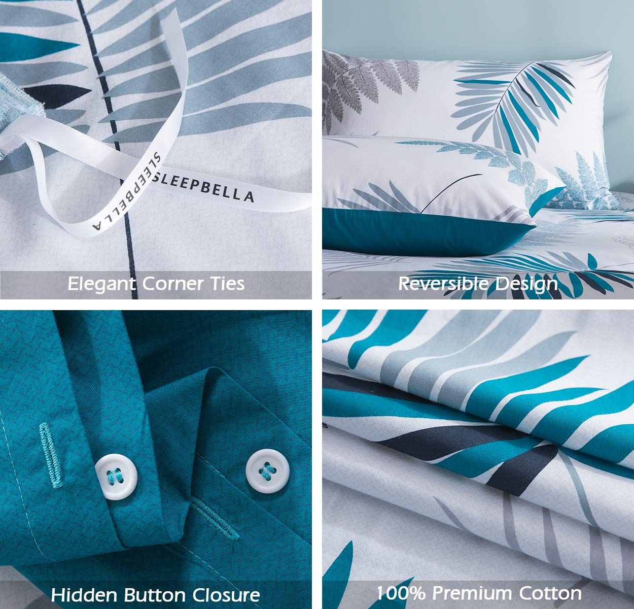 SLEEPBELLA Duvet Cover Full, 600 Thread Count Cotton Leaf Botanical Pattern Print Reversible Comforter Cover Set (Full, Teal Blue-Leaf)