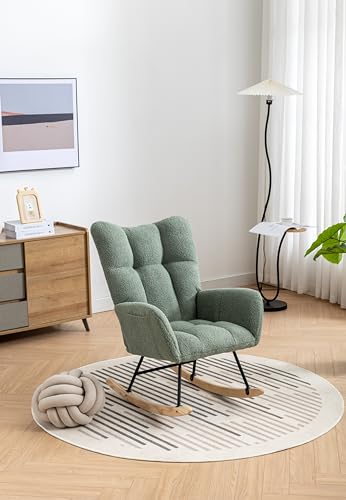 Tiophome Rocking Nursery, Upholstered Glider Rocker Accent Chairs Padded Seat with High Backrest, Comfy Side Armchair for Nursing, Living Room, Bedroom, Office,Teddy Velvet, Green, Extra Large