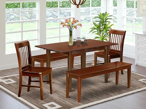 East West Furniture NOFK5C-MAH-W 5 Piece Dining Set Includes a Rectangle Dining Table with Butterfly Leaf and 2 Kitchen Chairs with 2 Benches, 32x54 Inch, Mahogany