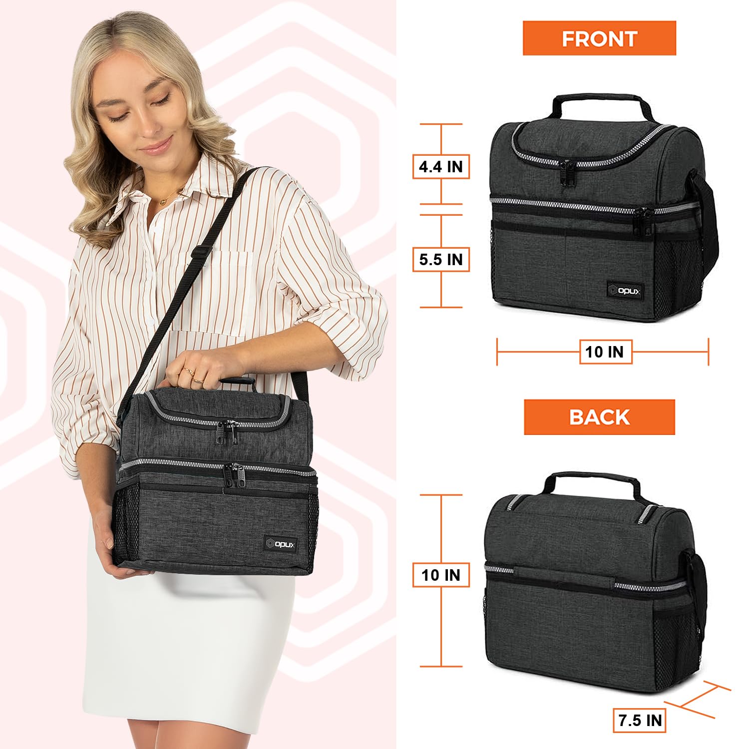 OPUX Lunch Box For Men Women, Insulated Large Double Decker Lunch Bag, Charcoal Gray, 10x7.5x10 Inches