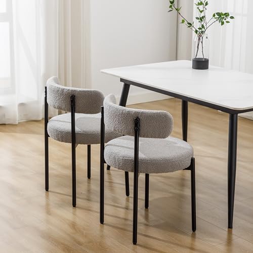 Locus Bono Boucle Dining Chairs Set of 2, Modern Upholstered Dining Room Chairs, Armless Kitchen Chair for Dining Room, Living Room, Black Metal Legs (Light Grey)