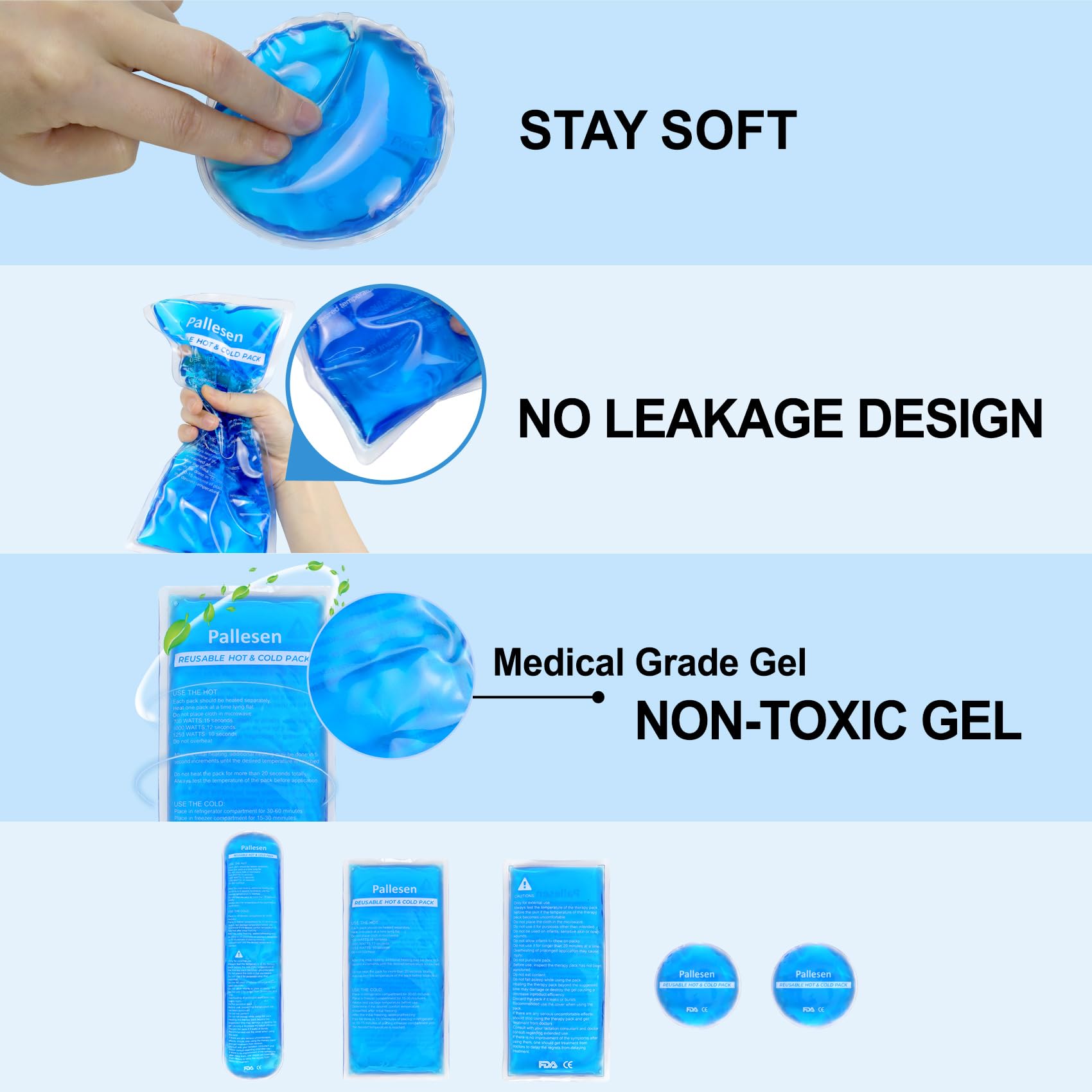 Pallesen Gel Ice Packs for Injuries Reusable Gel Reusable Hot Pack & Cold Pack Compress for Injury, Pain Relief, Rehabilitation, Flexible Therapy, for Knee, Back, Neck, Wrist, Ankle (5 Pack - Blue)