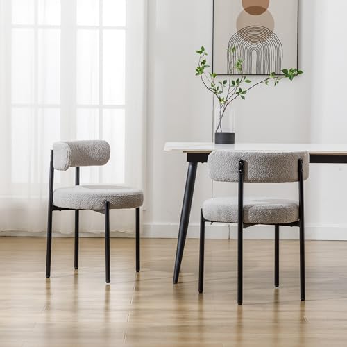 Locus Bono Boucle Dining Chairs Set of 2, Modern Upholstered Dining Room Chairs, Armless Kitchen Chair for Dining Room, Living Room, Black Metal Legs (Light Grey)