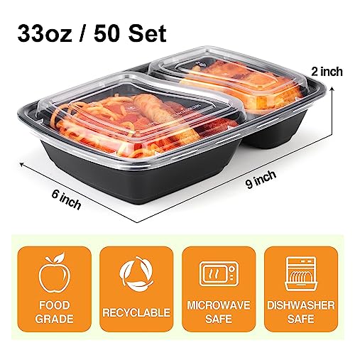 MORDEN MS Meal Prep Container With Lids, 50 Pack 2 Compartment Reusable Food Storage Container Divided Plastic Bento Lunch Box To-go Boxes, Microwave/Dishwasher/Freezer Safe,Portion Control(33oz)