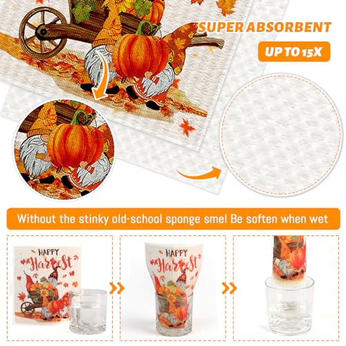 6 Pcs Thanksgiving Swedish Dishcloths Turkey Pumpkins Kitchen Dishcloth Autumn Fall Kitchen Towel Decor Absorbent Quick Drying Reusable Cleaning Dish Cloths for Home Counter Wipes