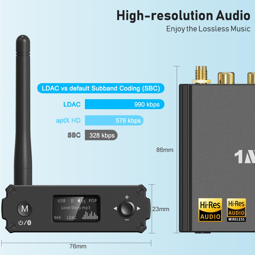 1Mii DS220 Hi-Res Bluetooth Receiver for Home Stereo w/LDAC, HiFi Bluetooth 5.1 Audio Adapter w/Audiophile DAC aptX HD, Bluetooth Receiver for AV Receiver/Amplifier, OLED Display EQ Mode