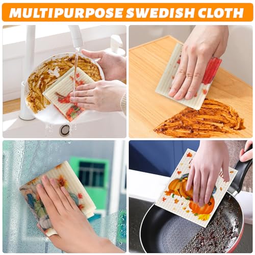 6 Pcs Thanksgiving Swedish Dishcloths Turkey Pumpkins Kitchen Dishcloth Autumn Fall Kitchen Towel Decor Absorbent Quick Drying Reusable Cleaning Dish Cloths for Home Counter Wipes