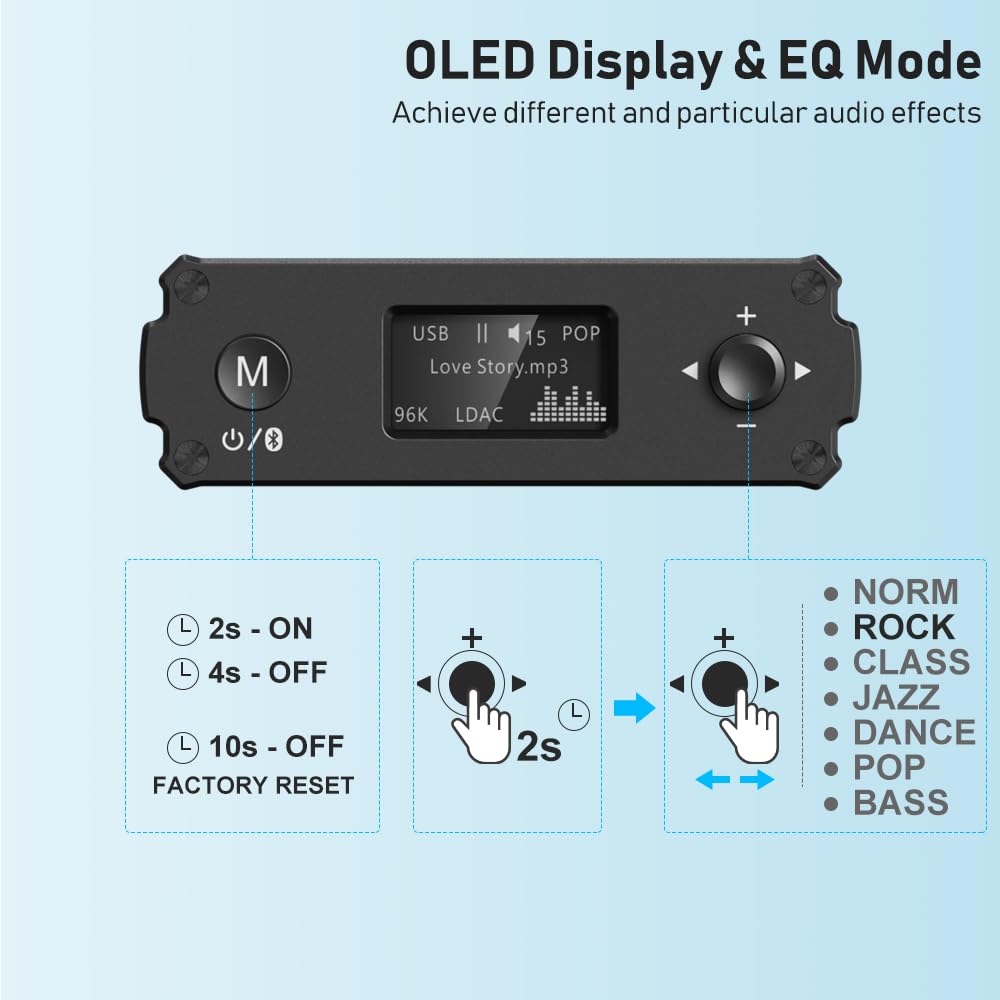 1Mii DS220 Hi-Res Bluetooth Receiver for Home Stereo w/LDAC, HiFi Bluetooth 5.1 Audio Adapter w/Audiophile DAC aptX HD, Bluetooth Receiver for AV Receiver/Amplifier, OLED Display EQ Mode
