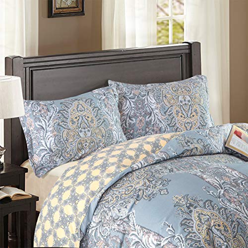 JUCFHY Duvet Covers Sets Cotton Paisley Damask Medallion -1000TC Egyptian Cotton Duvet Cover- Reversible Percale Weave Comforter Cover Set-3pcs Soft Breathable Bedding(Queen,Light Blue Floral)