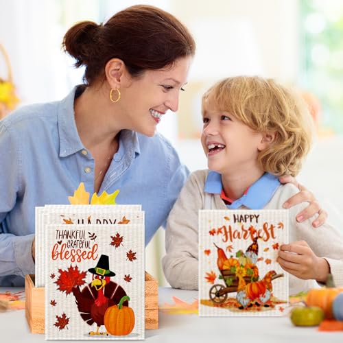 6 Pcs Thanksgiving Swedish Dishcloths Turkey Pumpkins Kitchen Dishcloth Autumn Fall Kitchen Towel Decor Absorbent Quick Drying Reusable Cleaning Dish Cloths for Home Counter Wipes