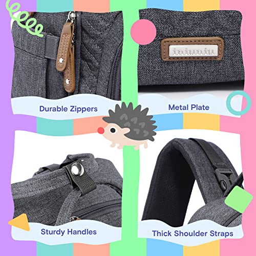 iniuniu Diaper Bag Backpack, 4 in 1 kit Large Unisex Baby Bags for Boys Girls, Waterproof Travel Back Pack with Diaper Pouch, Washable Changing Pad, Pacifier Case and Stroller Straps, Dark Gray