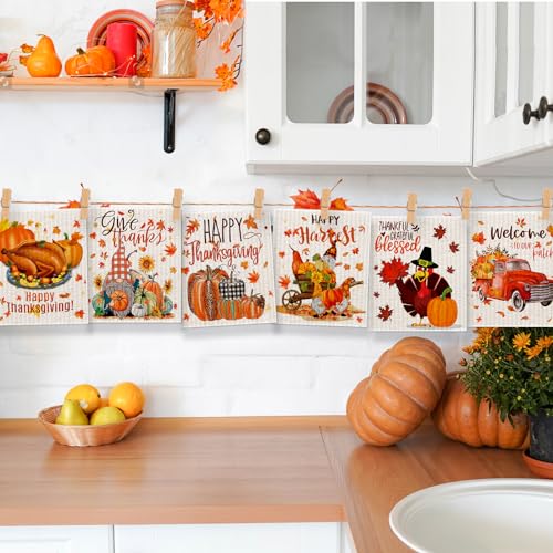 6 Pcs Thanksgiving Swedish Dishcloths Turkey Pumpkins Kitchen Dishcloth Autumn Fall Kitchen Towel Decor Absorbent Quick Drying Reusable Cleaning Dish Cloths for Home Counter Wipes