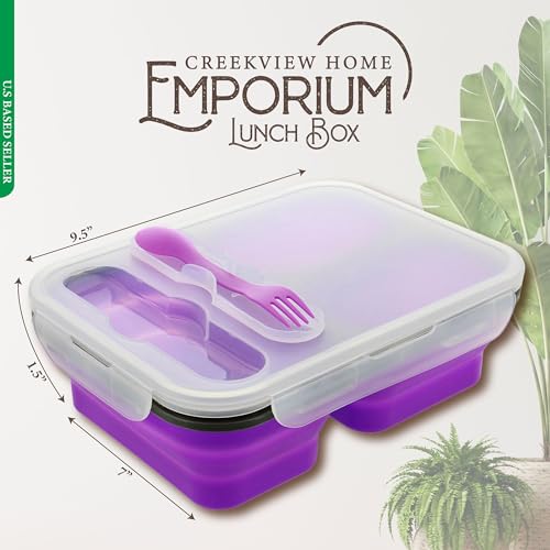 Creekview Home Emporium Collapsible Food Container - Purple Bento Lunch Box with 3 Compartments and Silverware in Lid