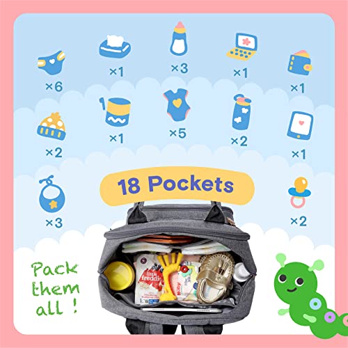 iniuniu Diaper Bag Backpack, 4 in 1 kit Large Unisex Baby Bags for Boys Girls, Waterproof Travel Back Pack with Diaper Pouch, Washable Changing Pad, Pacifier Case and Stroller Straps, Dark Gray