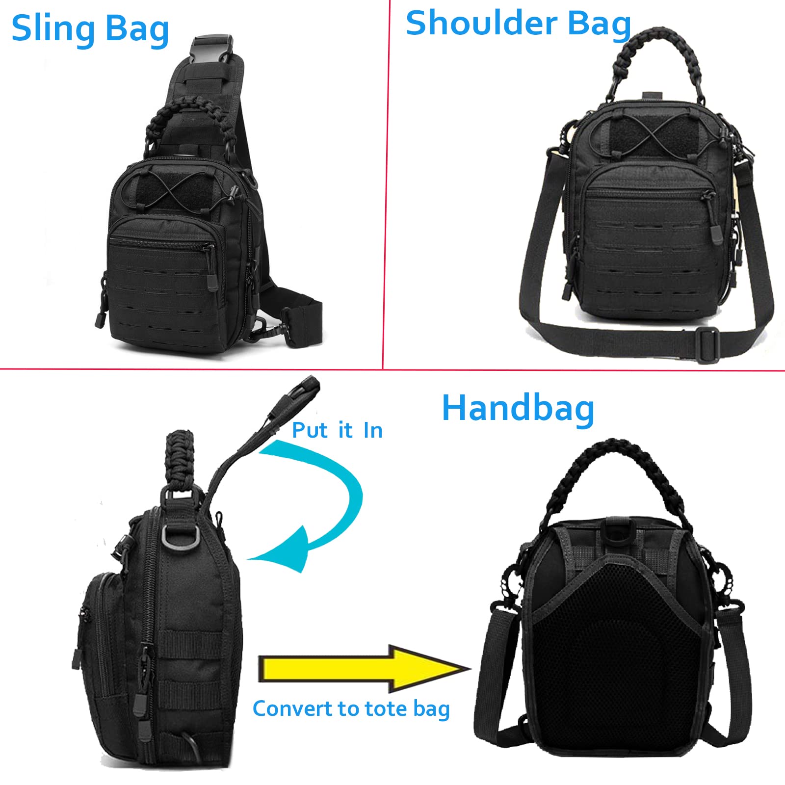 LarKoo Tactical Compact Concealed Carry Sling Bag Cut Molle Pistol Holster EDC Single Shoulder Chest Backpack Pack (Black)