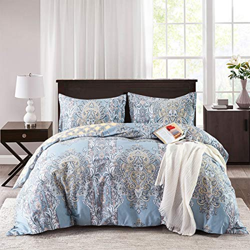 JUCFHY Duvet Covers Sets Cotton Paisley Damask Medallion -1000TC Egyptian Cotton Duvet Cover- Reversible Percale Weave Comforter Cover Set-3pcs Soft Breathable Bedding(Queen,Light Blue Floral)