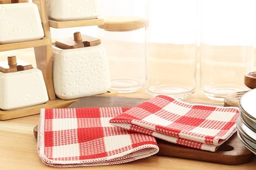 Waffle Weave Plaid Dish Cloths, 100% Cotton - 12 x 12 Inches, Ultra Soft Absorbent Quick Drying Dish Towels Buffalo Check Dish Rags for Kitchen, 8 Pack - Spring Summer Easter - Red & White