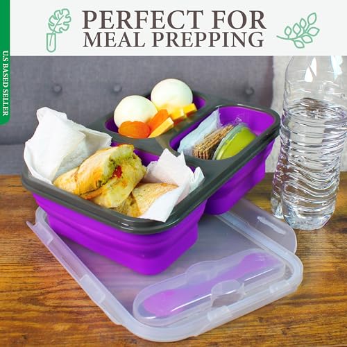 Creekview Home Emporium Collapsible Food Container - Purple Bento Lunch Box with 3 Compartments and Silverware in Lid