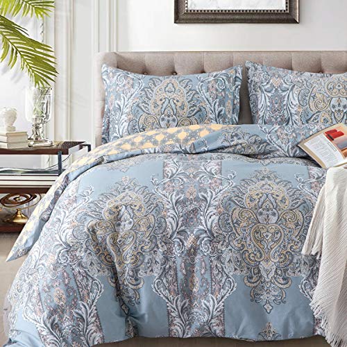JUCFHY Duvet Covers Sets Cotton Paisley Damask Medallion -1000TC Egyptian Cotton Duvet Cover- Reversible Percale Weave Comforter Cover Set-3pcs Soft Breathable Bedding(Queen,Light Blue Floral)