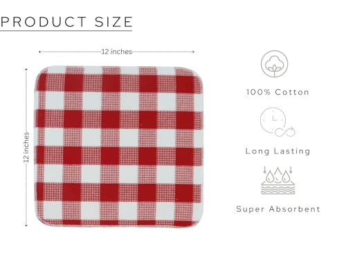 Waffle Weave Plaid Dish Cloths, 100% Cotton - 12 x 12 Inches, Ultra Soft Absorbent Quick Drying Dish Towels Buffalo Check Dish Rags for Kitchen, 8 Pack - Spring Summer Easter - Red & White