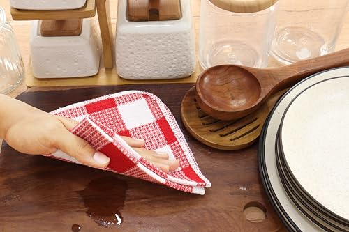 Waffle Weave Plaid Dish Cloths, 100% Cotton - 12 x 12 Inches, Ultra Soft Absorbent Quick Drying Dish Towels Buffalo Check Dish Rags for Kitchen, 8 Pack - Spring Summer Easter - Red & White