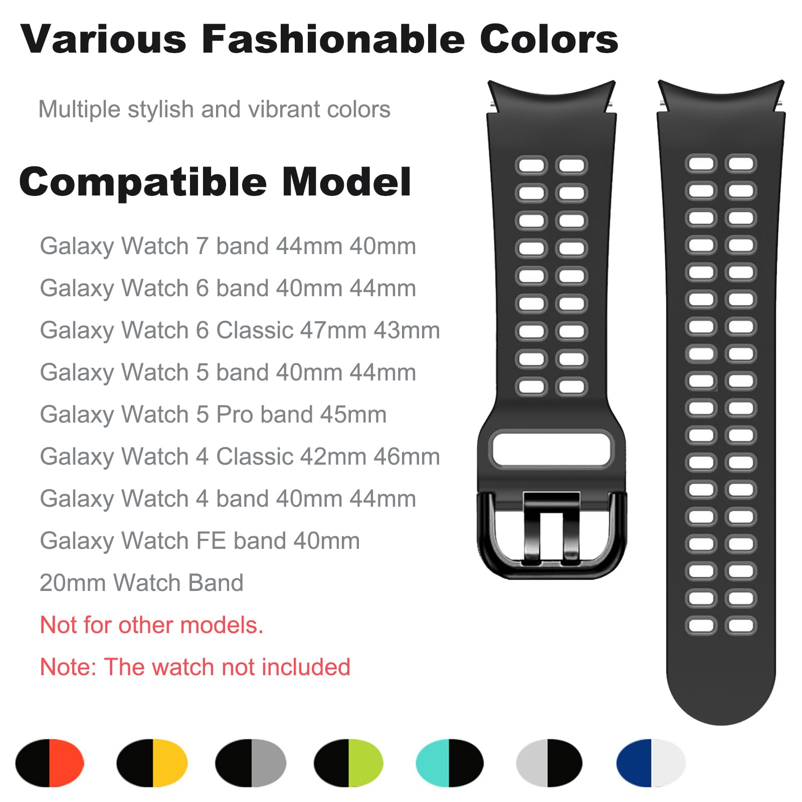 Threeeggs No Gap Band for Samsung Galaxy Watch 7 6 5 4, 20mm Quick Release Replacement Bands for 5 Pro Band 45mm/ 4 Classic 46mm 42mm Soft Sports Strap Wristband for Women Men (Black-Gray)