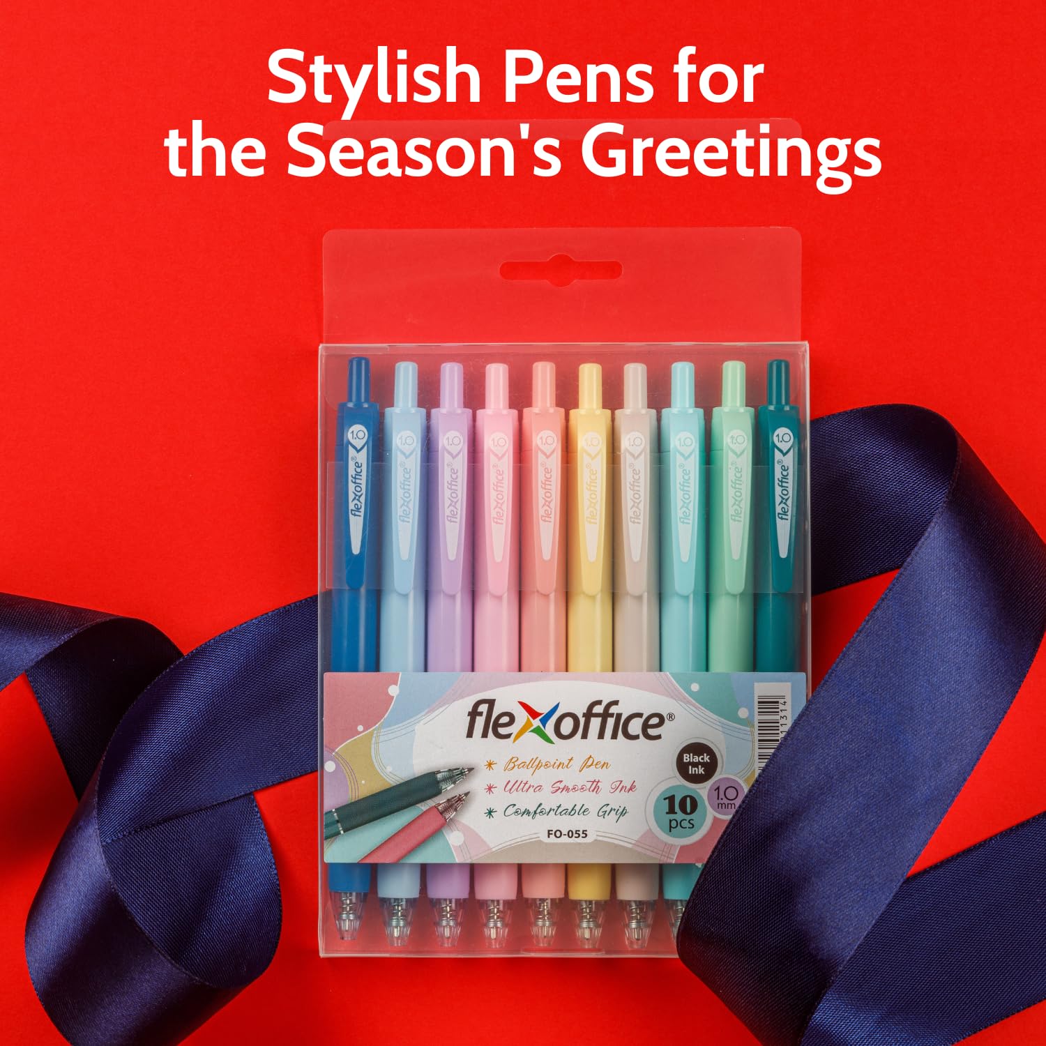 FLEXOFFICE Retractable Ballpoint Pens Black Ink 1.0mm, Bold Point with Super Soft Grip, Christmas Multicolor Pens Gifts - 10 Pack