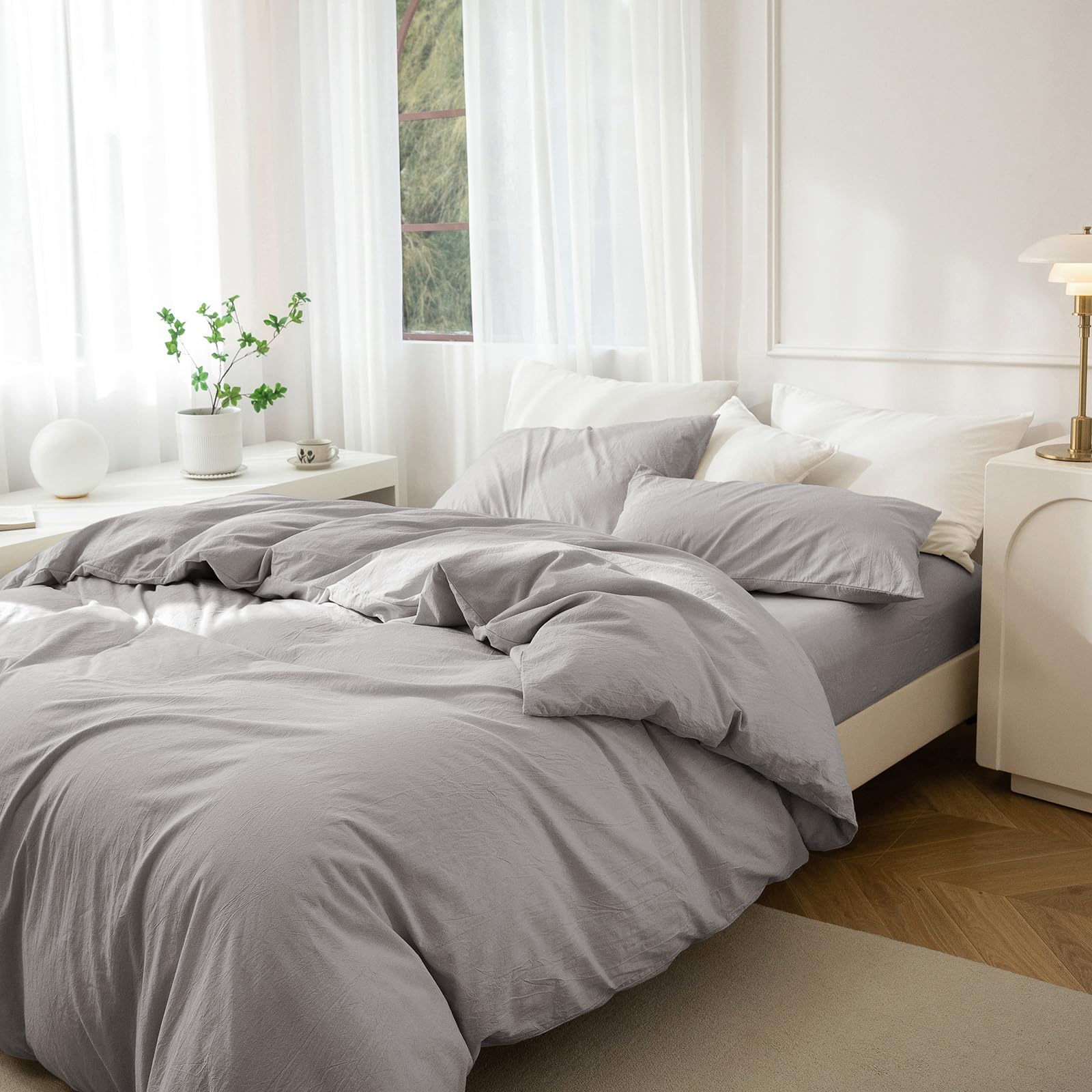JIYUAN 100% Washed Cotton Duvet Cover Set Comfy Simple Style Soft Breathable Textured Durable Linen Feel Bedding for All Seasons King, Cream Grey