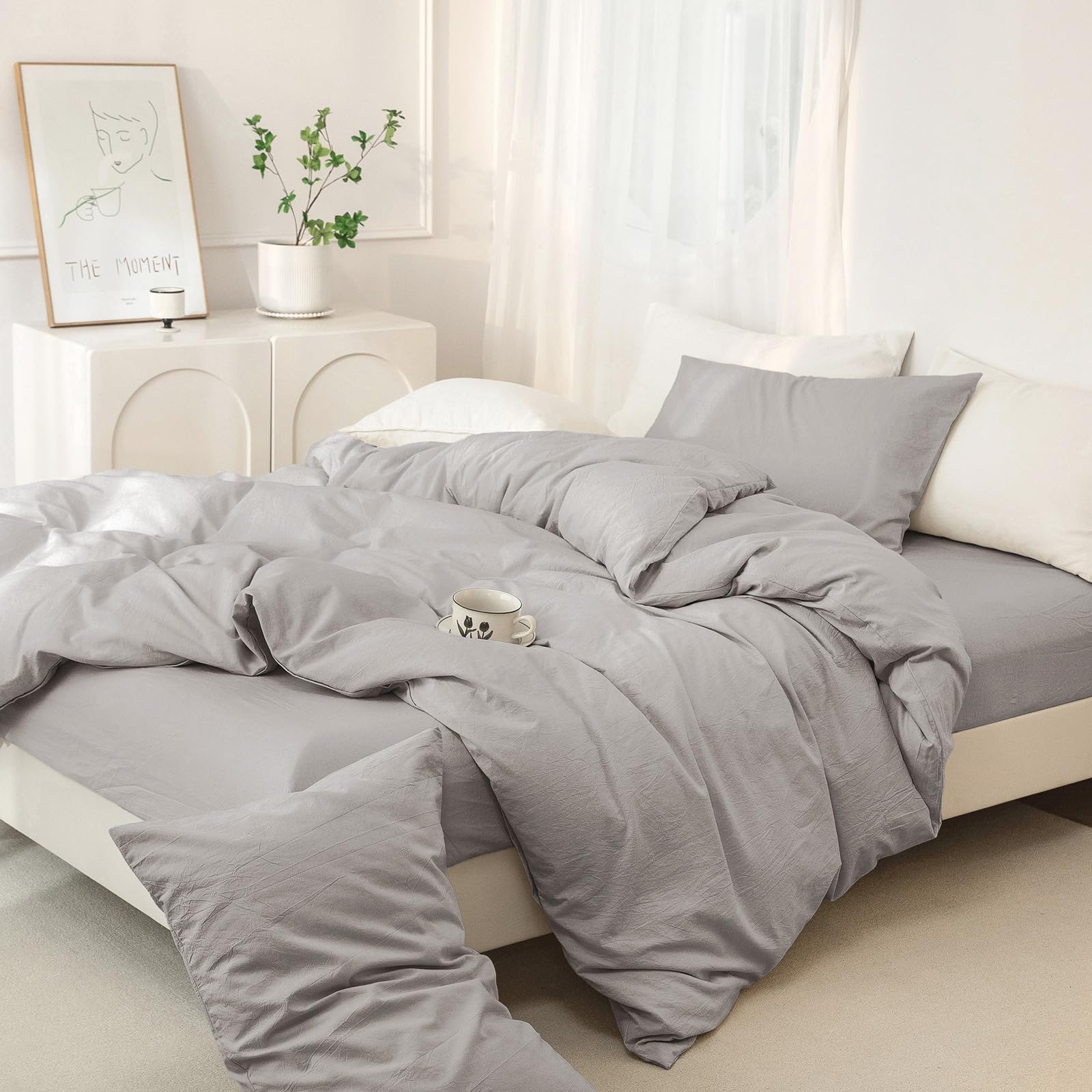 JIYUAN 100% Washed Cotton Duvet Cover Set Comfy Simple Style Soft Breathable Textured Durable Linen Feel Bedding for All Seasons King, Cream Grey