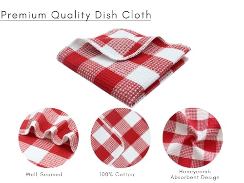 Waffle Weave Plaid Dish Cloths, 100% Cotton - 12 x 12 Inches, Ultra Soft Absorbent Quick Drying Dish Towels Buffalo Check Dish Rags for Kitchen, 8 Pack - Spring Summer Easter - Red & White