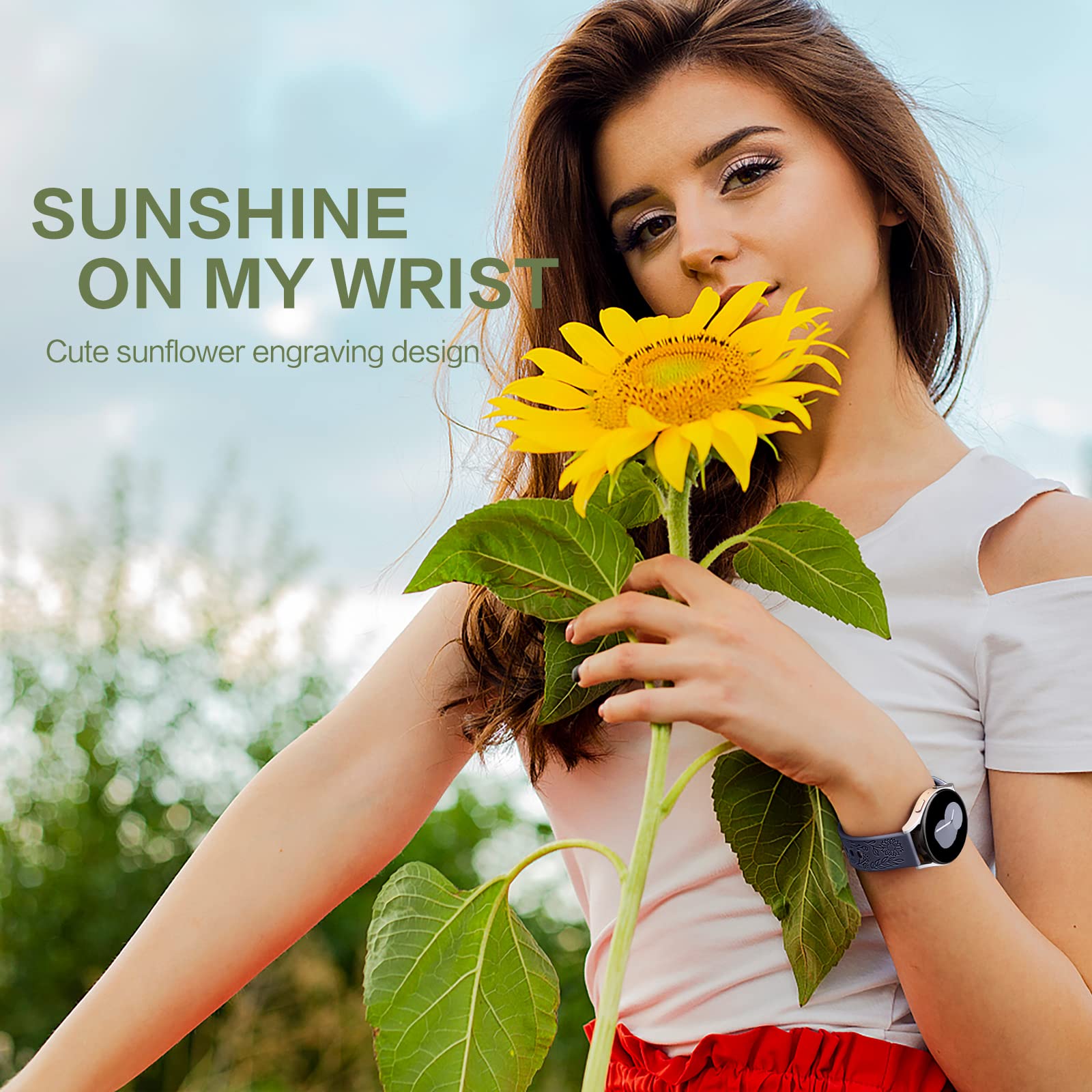 SNBLK Galaxy Watch 5 Band, 40mm-44mm, Soft Silicone, Flower Design, Navy Blue