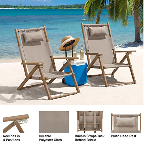 Lavish Home Set of 2 Beach Chairs - Outdoor Weather-Resistant Wood Folding Chairs with Carry Straps and Reclining Seat - Beach Essentials (Taupe)