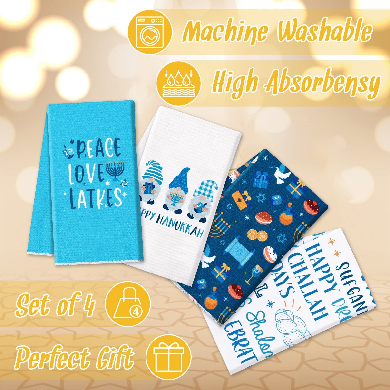 Hanukkah Kitchen Towels Chanukah Decorative Dish Towels Hanukkah Gnome Drying Cloth Tea Towels for Challah Days Kitchen Cooking Baking Holiday Decorations, Housewarming Presents Set of 4