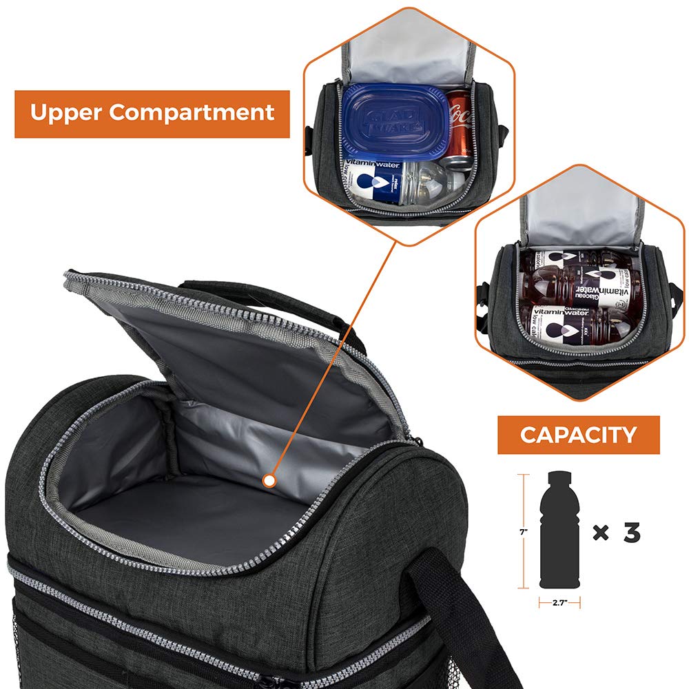 OPUX Lunch Box For Men Women, Insulated Large Double Decker Lunch Bag, Charcoal Gray, 10x7.5x10 Inches