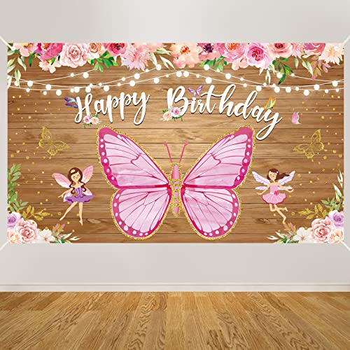 Butterfly Birthday Banner Backdrop Decorations for Girls Women, Fairy Themed Happy Birthday Backdrop Sign Party Supplies, 10th 16th 21st 30th 40th 50th Pink Flower Bday Background Decor