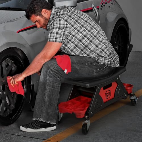 M-AUTO Rolling Mechanic Stool Garage Roller Chair Creeper Seat w/Storage Tool Tray and Drawers,300LBS Capacity Workbench Stool with Lockable Rollers for Home Garage DIY Automotive, 25" Red