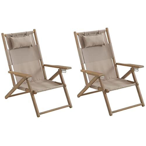 Lavish Home Set of 2 Beach Chairs - Outdoor Weather-Resistant Wood Folding Chairs with Carry Straps and Reclining Seat - Beach Essentials (Taupe)