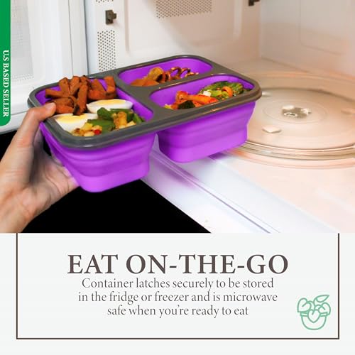 Creekview Home Emporium Collapsible Food Container - Purple Bento Lunch Box with 3 Compartments and Silverware in Lid