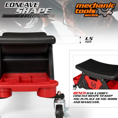 M-AUTO Rolling Mechanic Stool Garage Roller Chair Creeper Seat w/Storage Tool Tray and Drawers,300LBS Capacity Workbench Stool with Lockable Rollers for Home Garage DIY Automotive, 25" Red