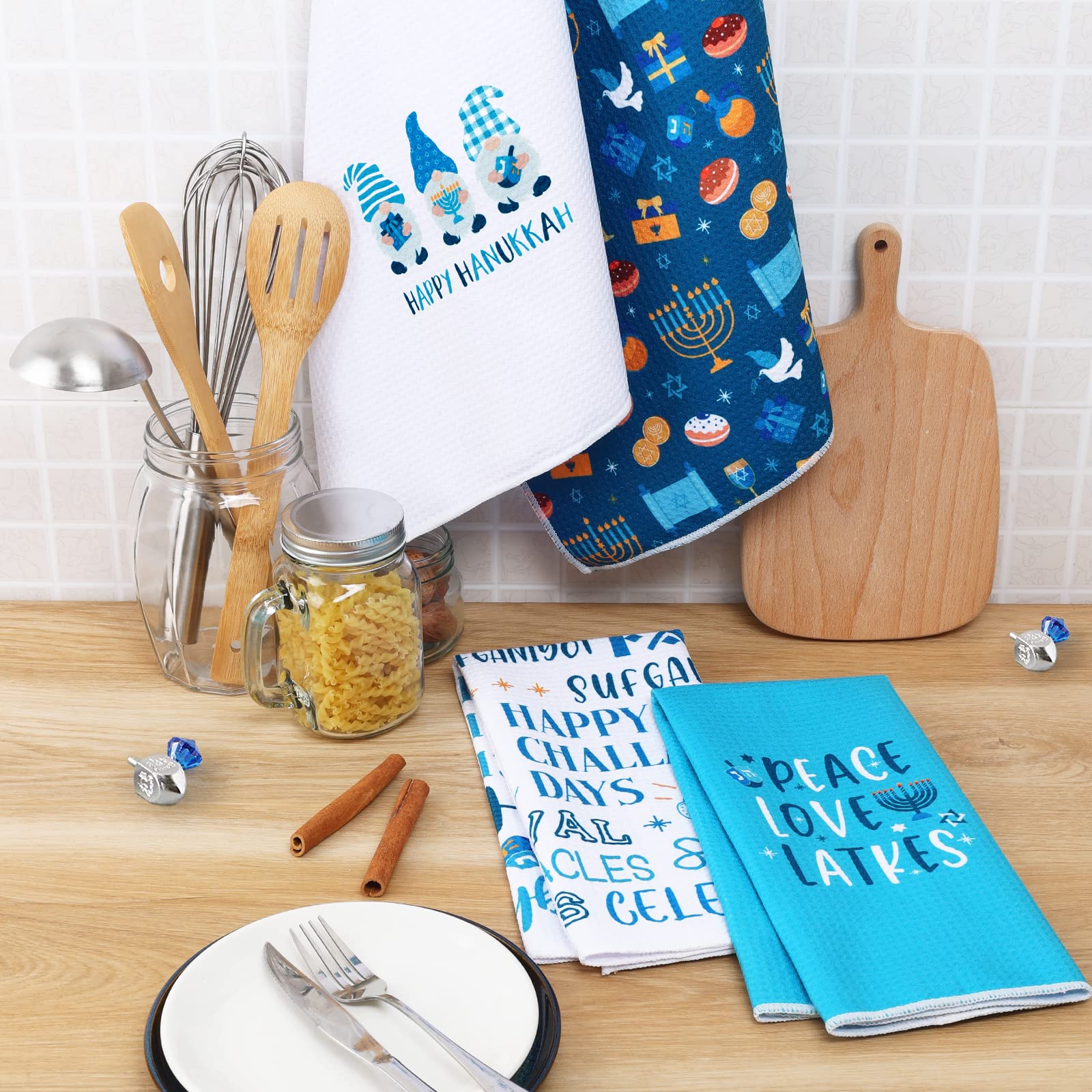 Hanukkah Kitchen Towels Chanukah Decorative Dish Towels Hanukkah Gnome Drying Cloth Tea Towels for Challah Days Kitchen Cooking Baking Holiday Decorations, Housewarming Presents Set of 4