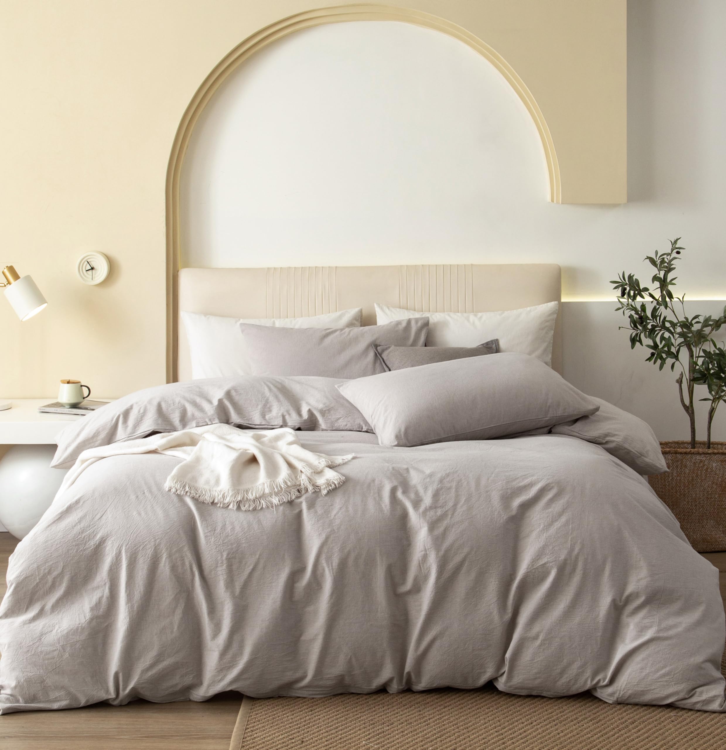 JIYUAN 100% Washed Cotton Duvet Cover Set Comfy Simple Style Soft Breathable Textured Durable Linen Feel Bedding for All Seasons King, Cream Grey
