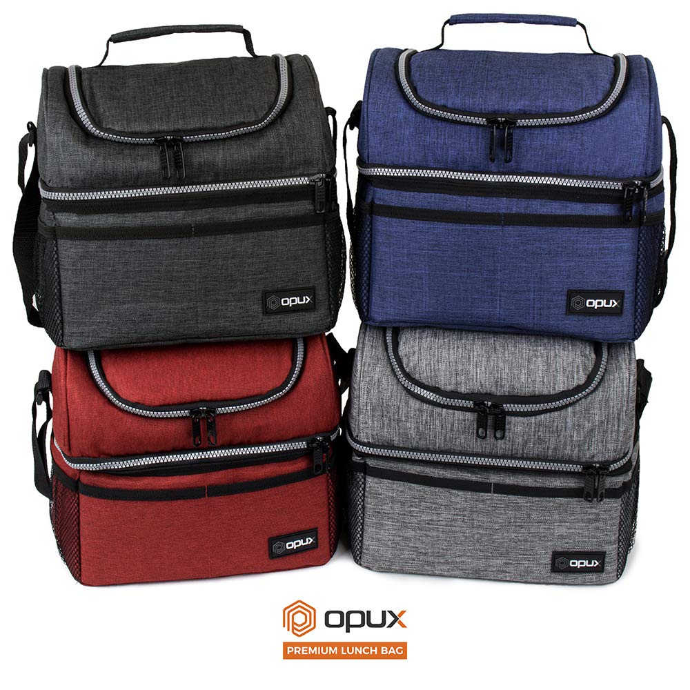 OPUX Lunch Box For Men Women, Insulated Large Double Decker Lunch Bag, Charcoal Gray, 10x7.5x10 Inches