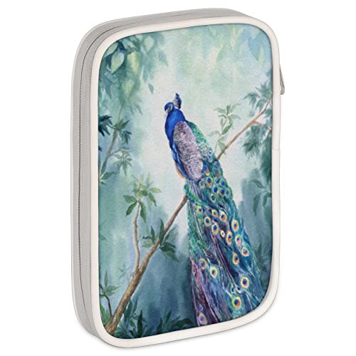 Peacock Pencil Case Holder, Tropical Peacock Tree Branch Zipper Pencil Pouch Multi-Purpose Cosmetic Makeup Brush Bag Stationery Box Passport Organizer Bag
