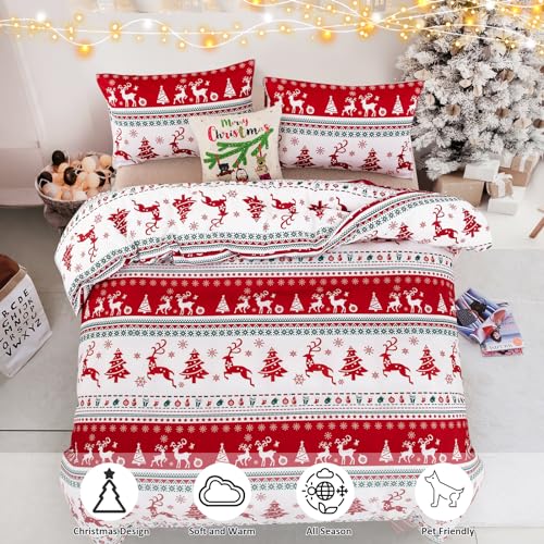 Luxudecor Christmas Duvet Cover Set Queen Size Deer Snowflake Christmas Tree Duvet Cover Soft Microfiber Bedding Set with Pillowcase for Christmas New Year (3pcs, 90"x90")