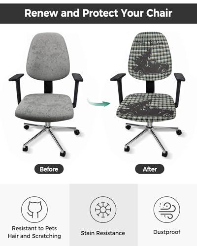 Christmas Truck Office Chair Cover Stretchable Computer Chair Seat Cover Backrest Slipcovers, Stretchable Rotating Desk Chair Seat Cushion Split Protectors Xmas Tree Snowflake Blackish Green Plaid