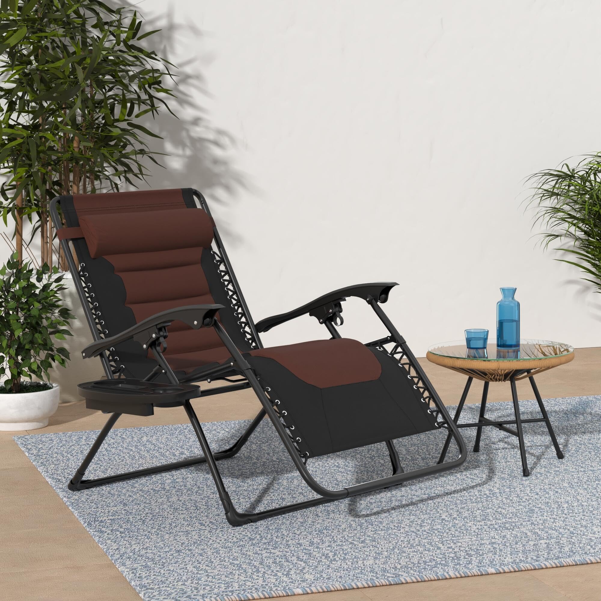 Best Choice Products Oversized Padded Zero Gravity Chair, Folding Outdoor Patio Recliner, XL Anti Gravity Lounger for Backyard w/Headrest, Cup Holder, Side Tray, Polyester Mesh - Black/Brown