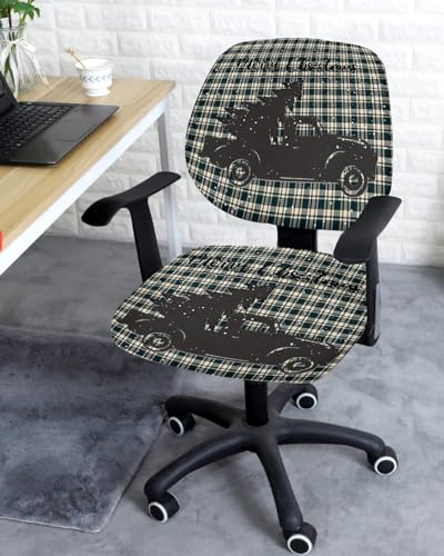 Christmas Truck Office Chair Cover Stretchable Computer Chair Seat Cover Backrest Slipcovers, Stretchable Rotating Desk Chair Seat Cushion Split Protectors Xmas Tree Snowflake Blackish Green Plaid